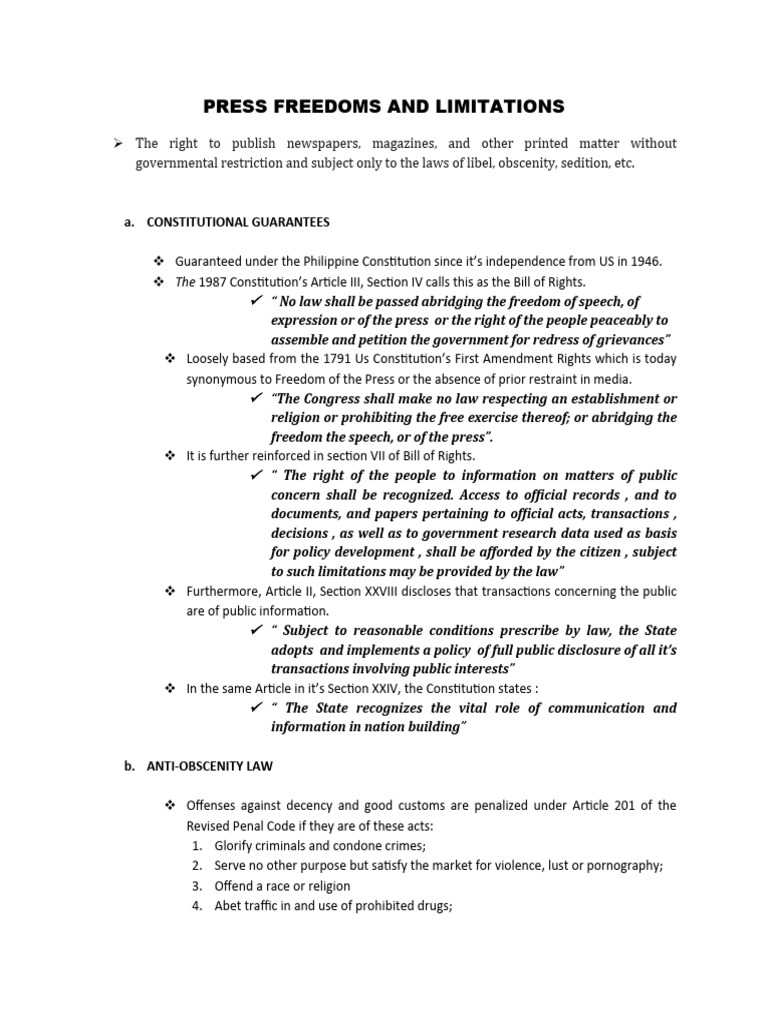 Press Freedoms and Limitations | PDF | Defamation | Freedom Of The Press