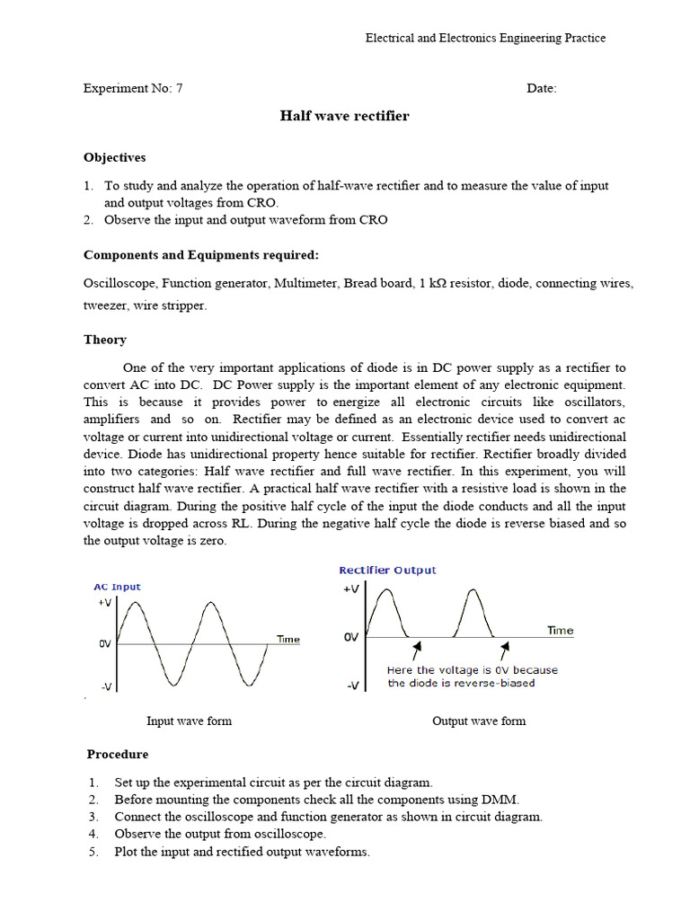 Half and Full Wave Rectifier Experiment | PDF | Rectifier | Diode