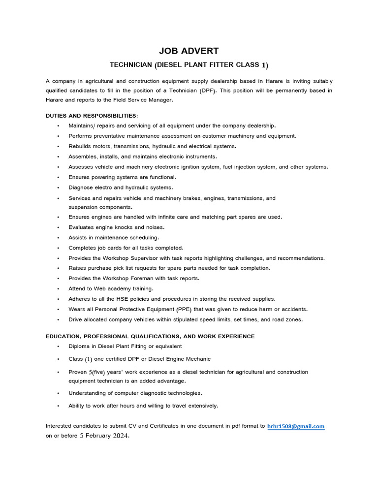 Diesel Plant Fitter Technician Job in Harare | PDF