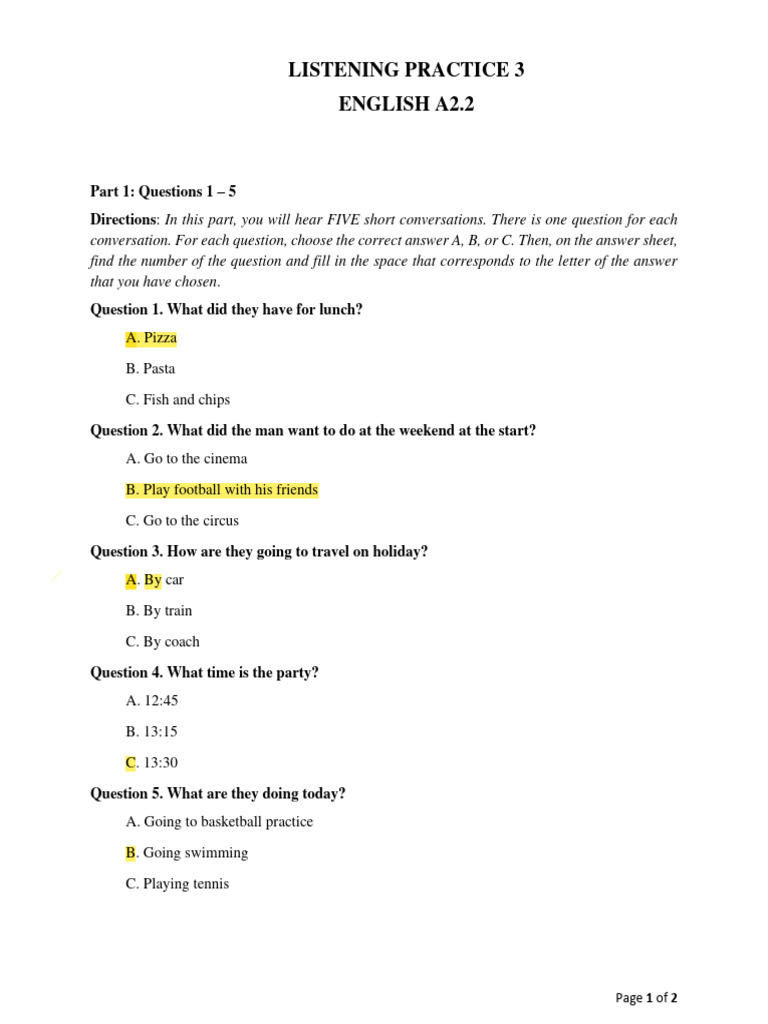 Listening Practice 3: A2.2 Exercises | PDF