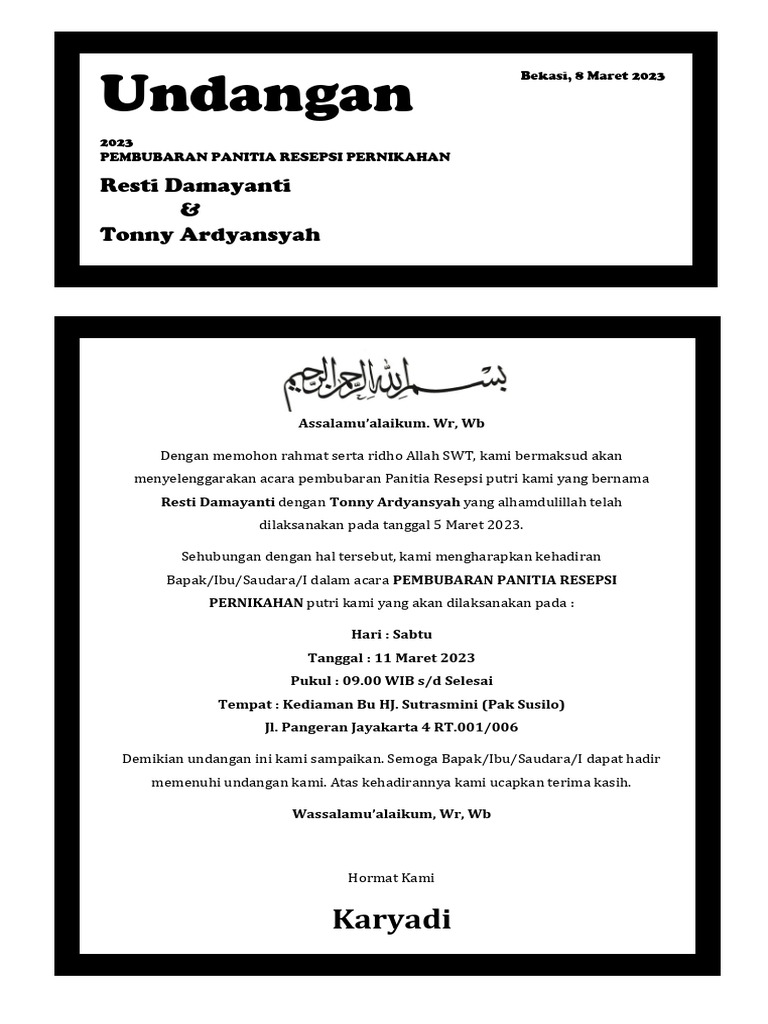 Undangan Pembubaran Panitia Resepsi Pernikahan | PDF