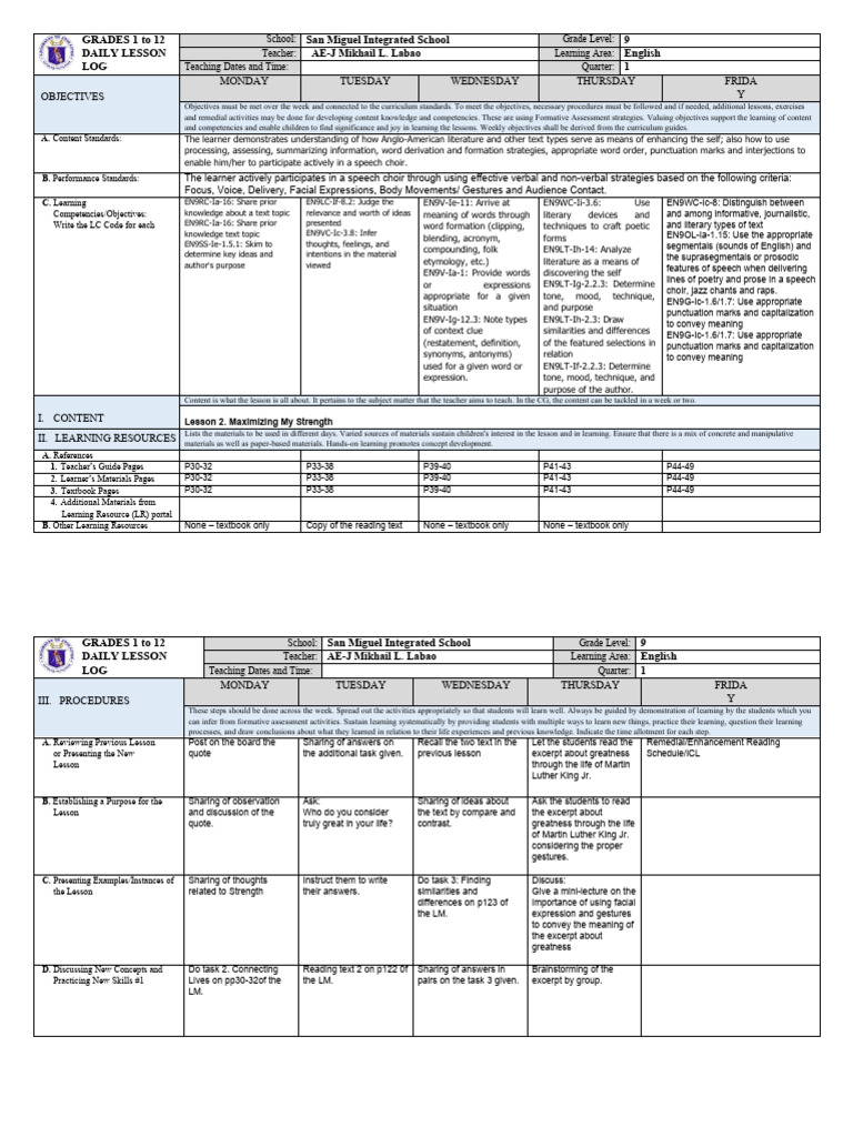 DLL 1st Quarter English 9 | PDF | Learning | Teachers