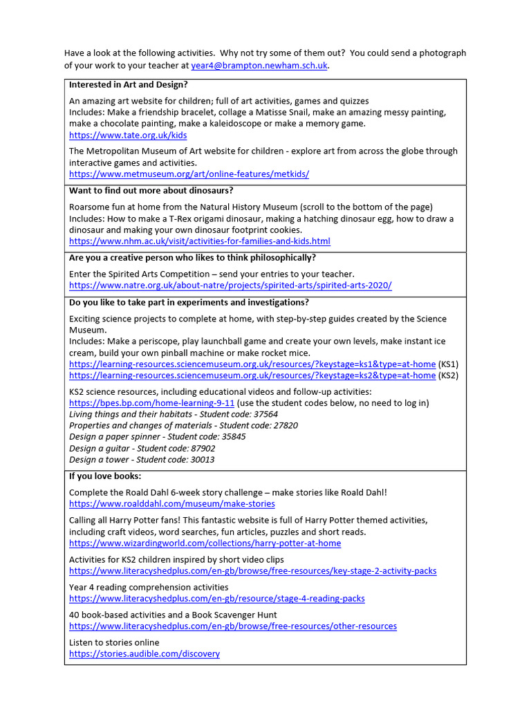 Additional Activities For The Children in Year 4 | PDF