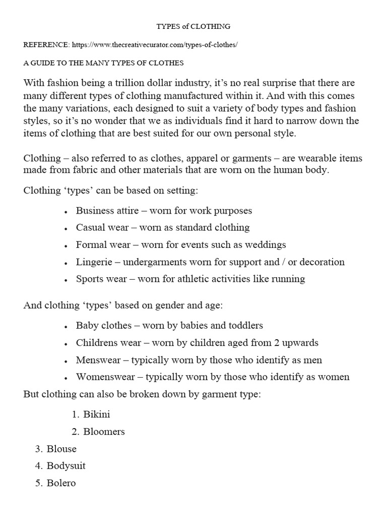 TYPES of CLOTHING | PDF | Clothing | Blouse