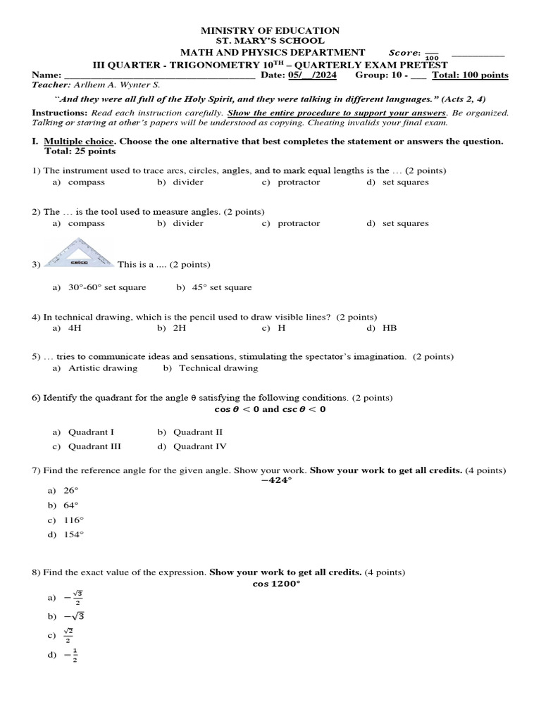 IIIQ - 10th - PretestForTheTrimestralExamb | PDF | Angle | Elementary ...