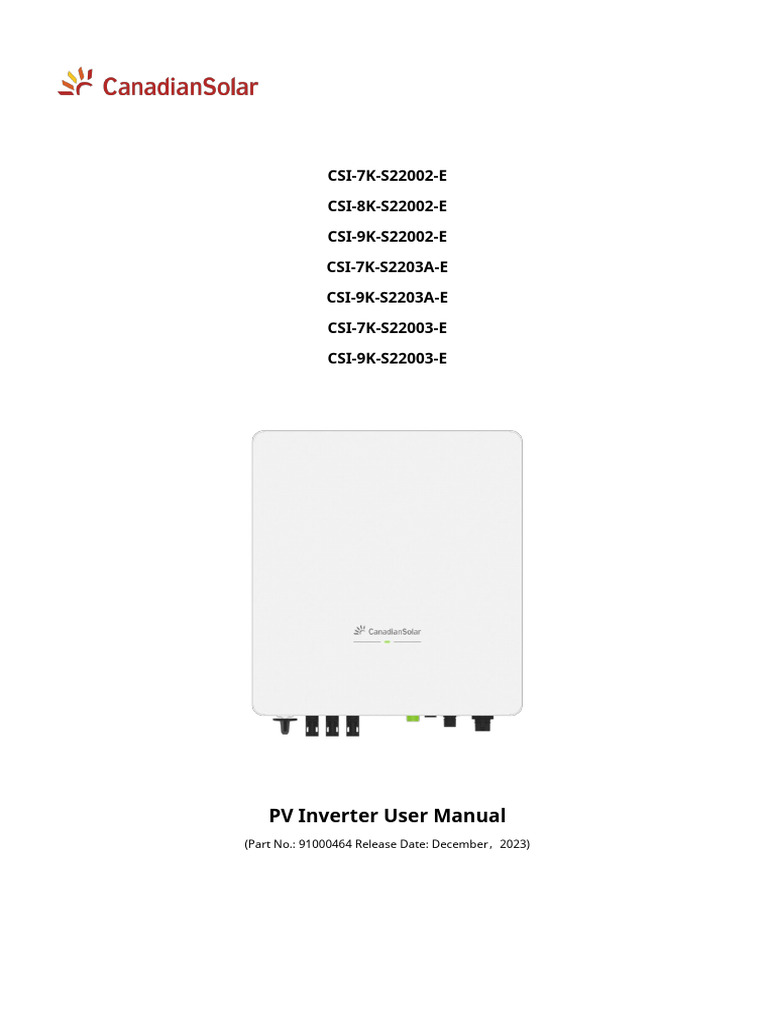 PV Inverter User Manual CSI 7 9K S22003 E en V04 | PDF | Electrical Connector | Direct Current