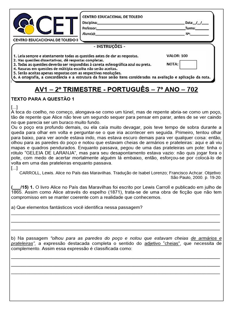 7º Ano - AV1 - 2º TRI - PORTUGUÊS M | PDF | Alice no País das Maravilhas | Assunto (gramática)