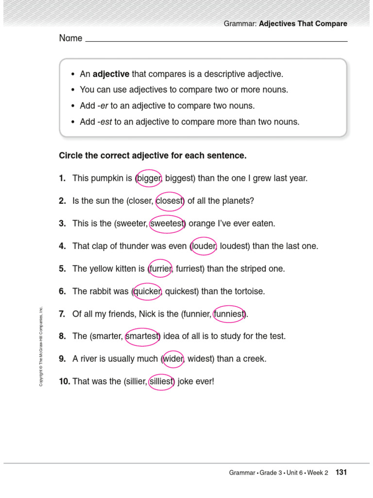 Unit 6 Week 2 Grammar Book Pages Answer Key | PDF | Adjective | Linguistics
