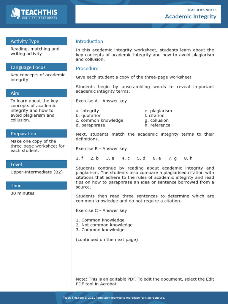 Academic Integrity ESL Worksheet | PDF | Plagiarism | Socrates