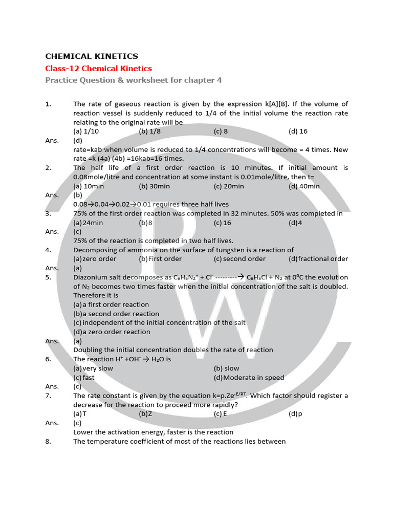 Practice Question & Worksheet For Chapter 4: Class-12 Chemical Kinetics ...