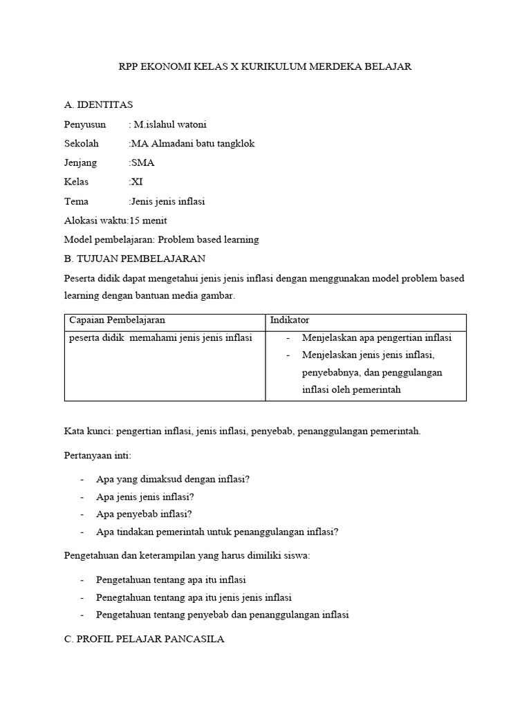 RPP Ekonomi Kelas X Kurikulum Merdeka Belajar | PDF