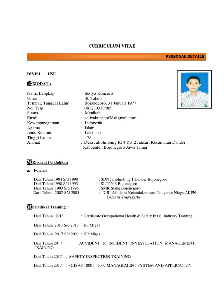 CV (Hse) Setiyo Kuncoro Tahun 2024 | PDF