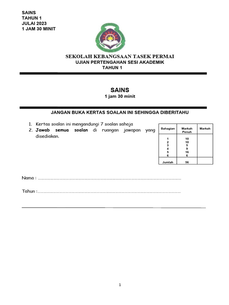 Upsa Sains Tahun 1 Pdf