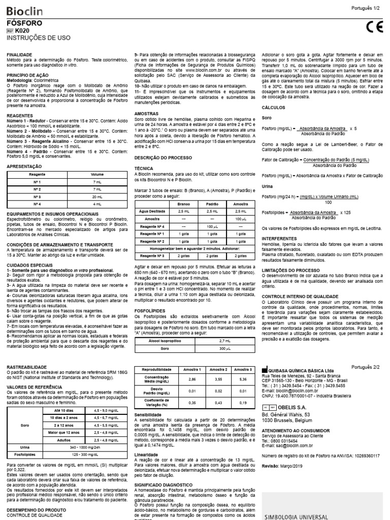 INSTRUCOES - FOSFORO Bioclin | PDF | Química | Ciências Físicas