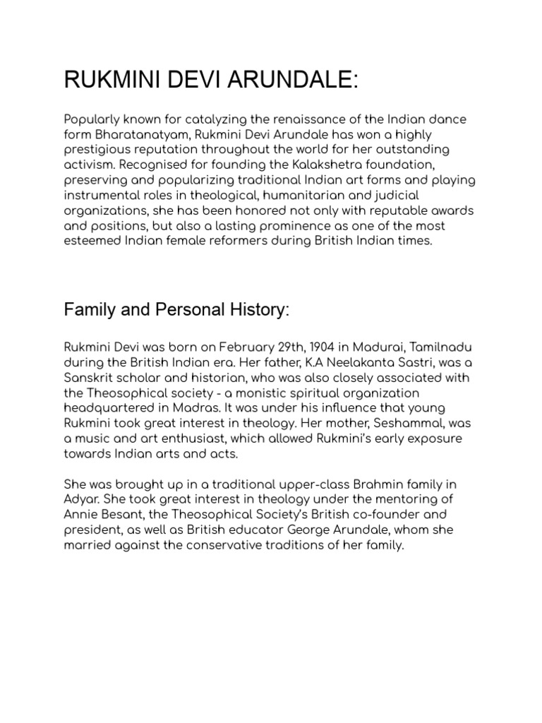 Rukmini Devi Arundale - Biography and Contribution To Bharatanatyam | PDF