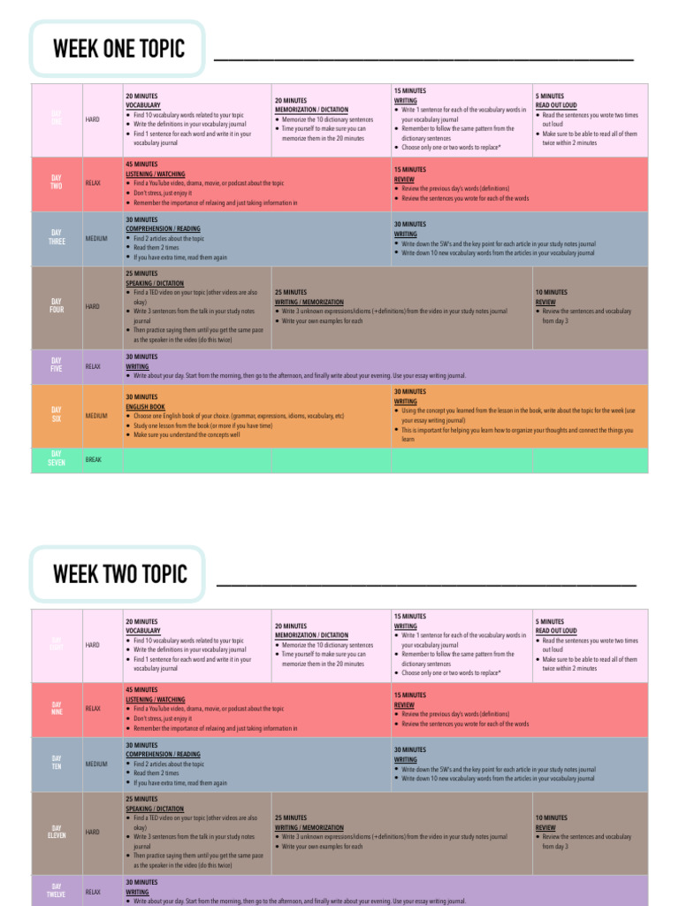 Weekly English Learning Plan | PDF | Vocabulary | Idiom