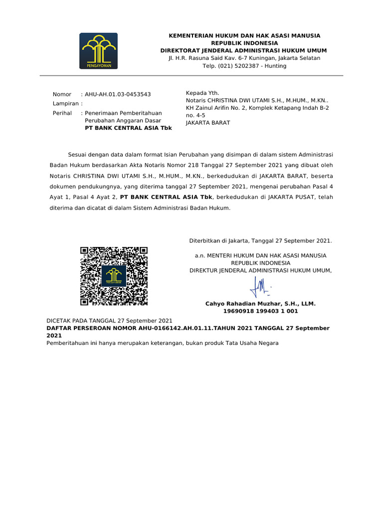 Akta PKR Bca No 218 Tahun 2021 | PDF