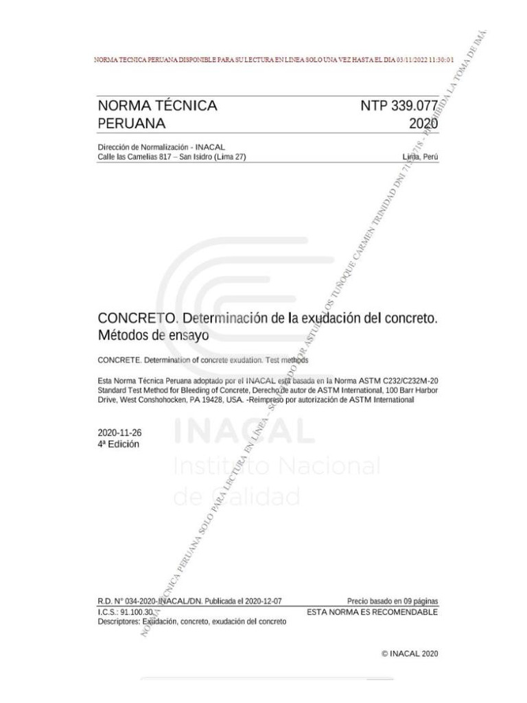 Ensayo de Exudación - NTP 339.077 | PDF