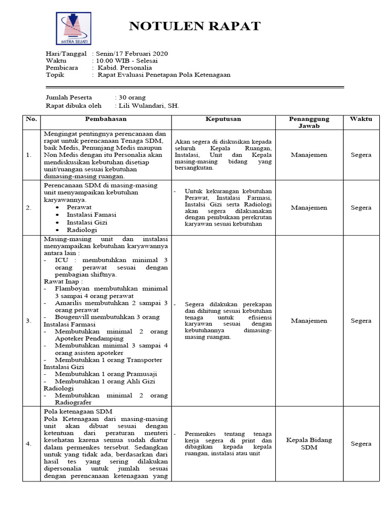 Format Notulen Rapat Evaluasi Penetapan Pola Ketenagaan | PDF