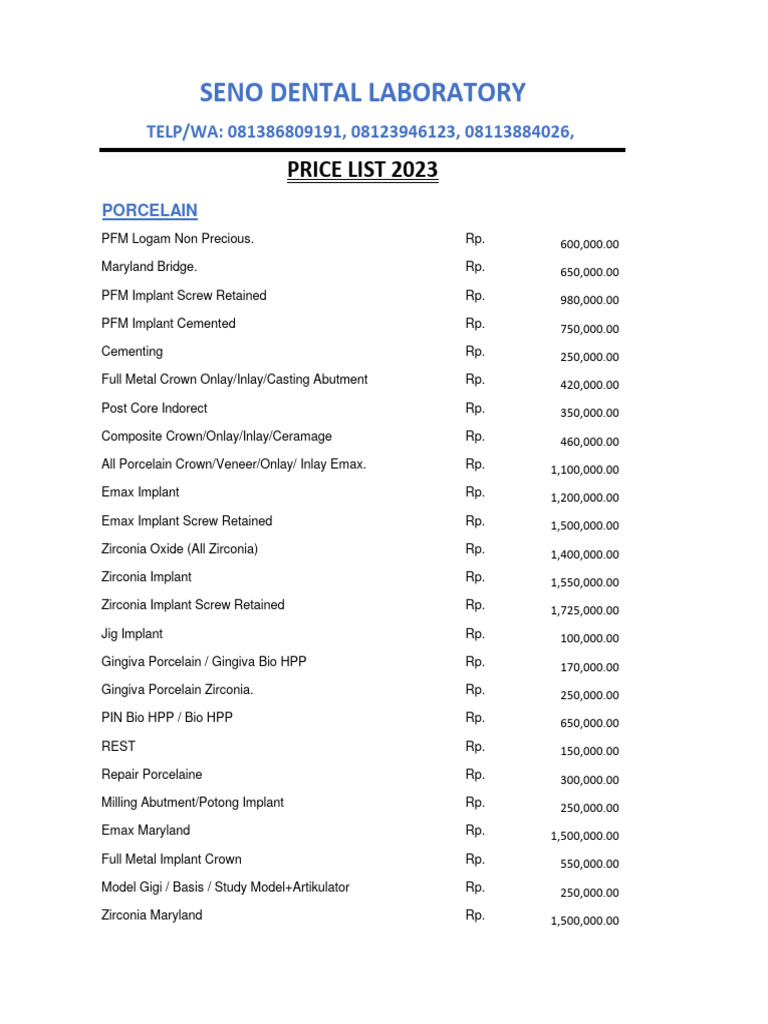Price List 2023 | PDF | Dental Implant | Dentistry Branches