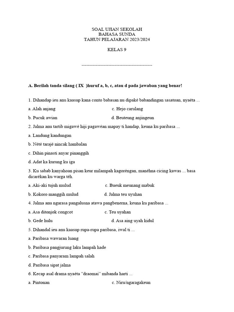 Soal Ujian Sekolah Bahasa Sunda Kelas 9 2024 | PDF