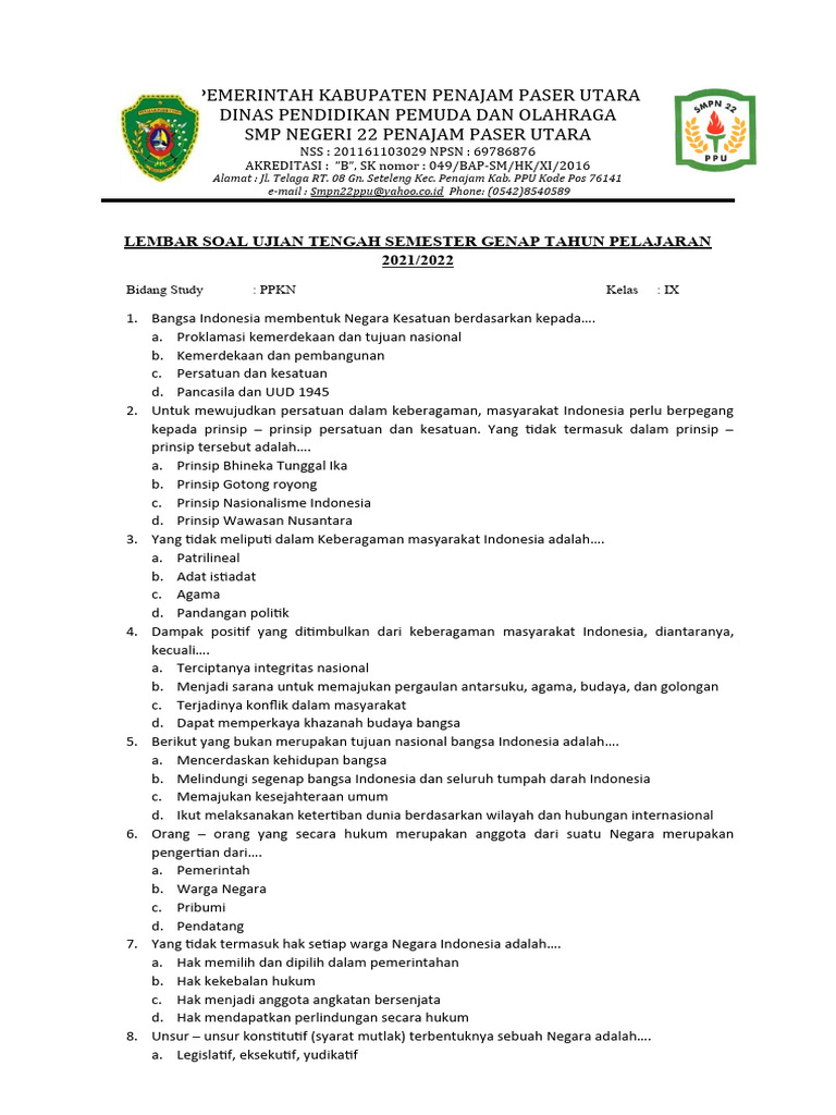 Soal PTS PPKN Kelas 9 Semester 2 | PDF | Politik