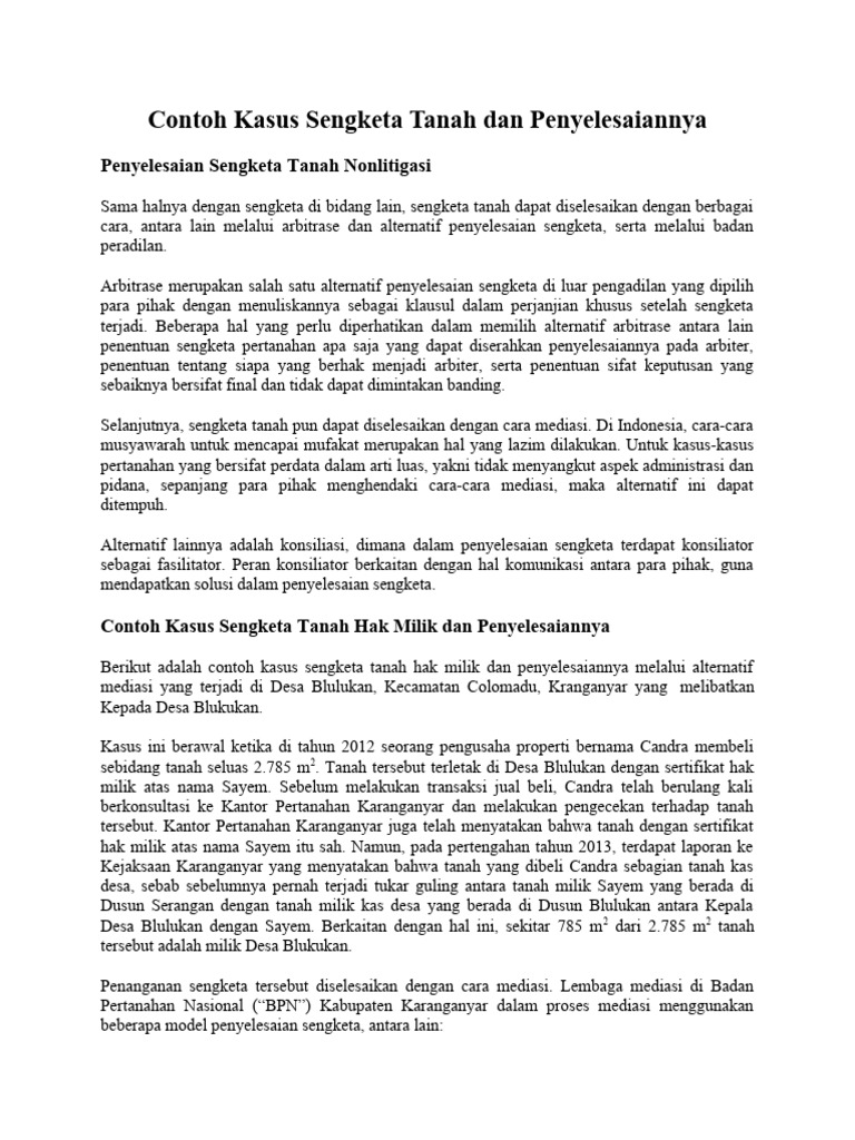Contoh Kasus Sengketa Tanah Dan Penyelesaiannya | PDF