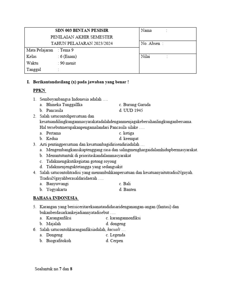 Soal Pas Kelas 6 Tema 9 | PDF | Dewasa Muda