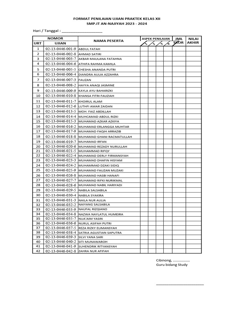 Format Nilai Ujian Praktik SMP | PDF