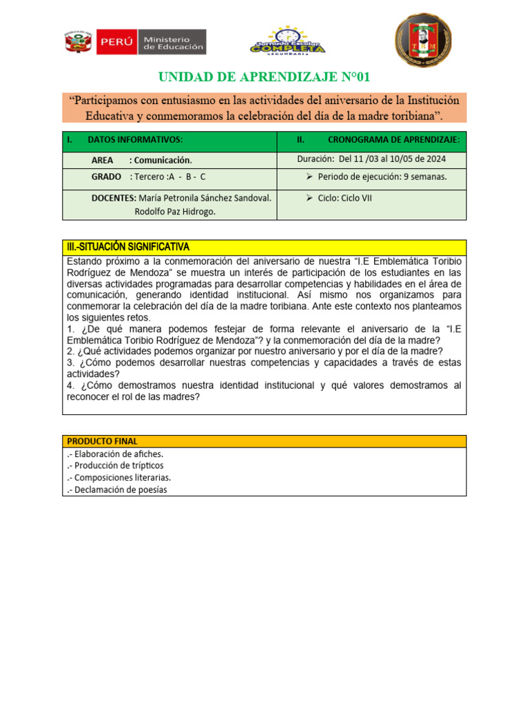 Unidad de Aprendizaje N°01-Comun-3ero-2024 | PDF | Aprendizaje | Evaluación