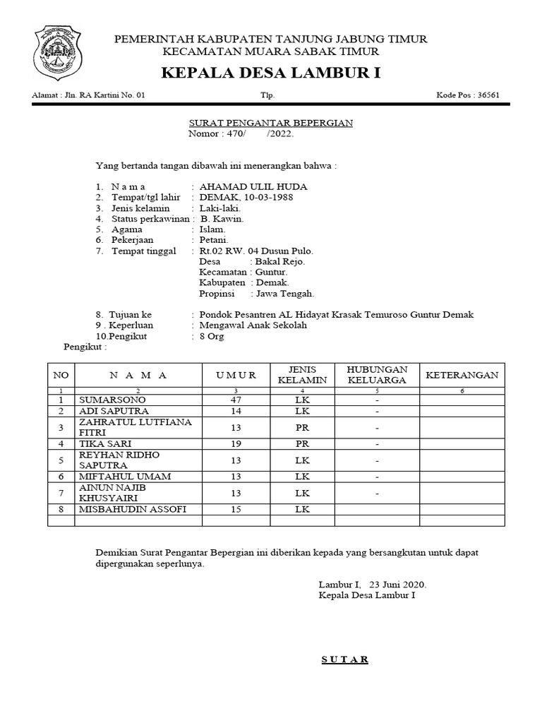 Surat Pengantar Bepergian Desa Lambur I | PDF