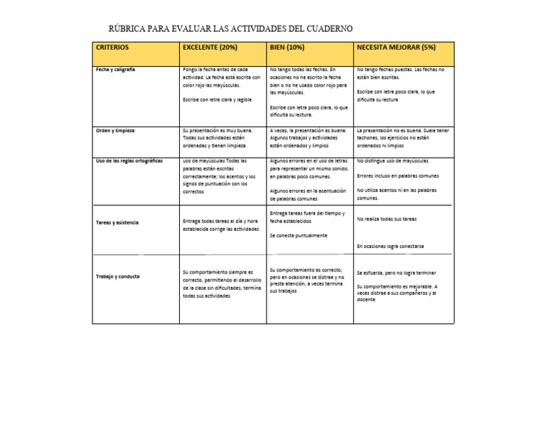 Rúbrica para Evaluar Las Actividades en El Cuaderno | Descargar gratis ...