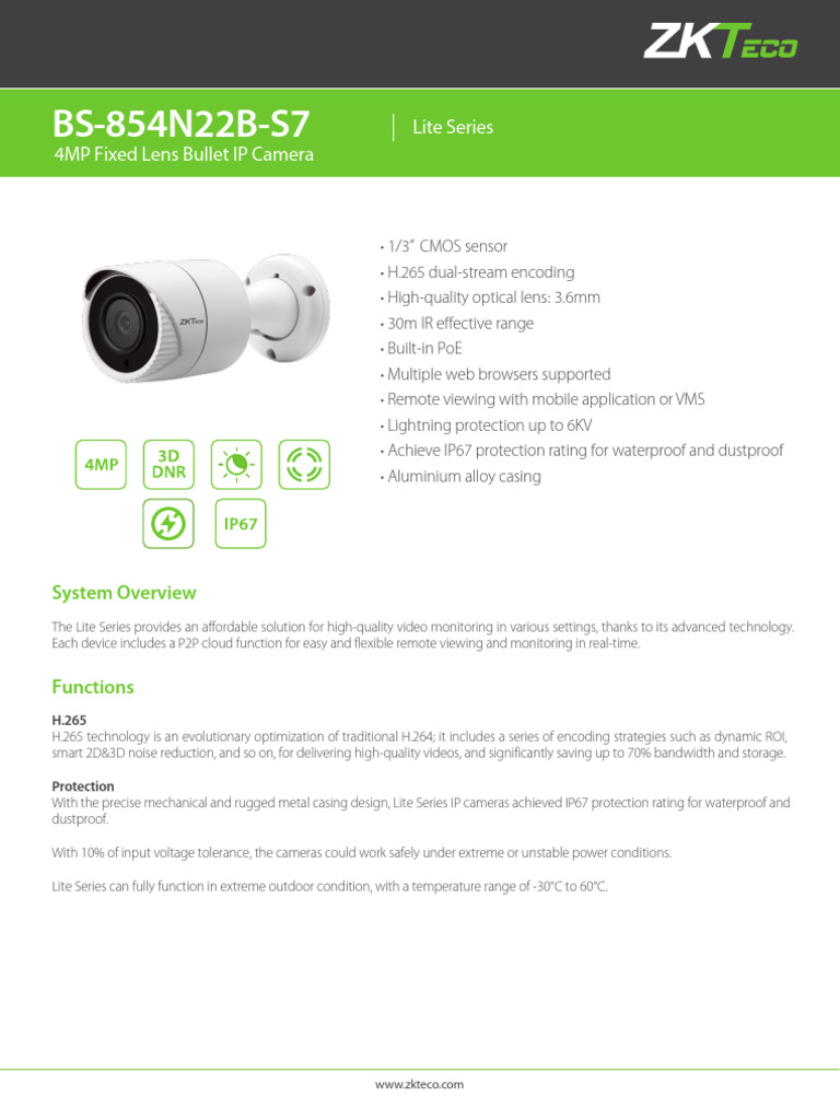 BS-854N22B-S7: Lite Series 4MP Fixed Lens Bullet IP Camera | PDF | Camera | Camera Lens