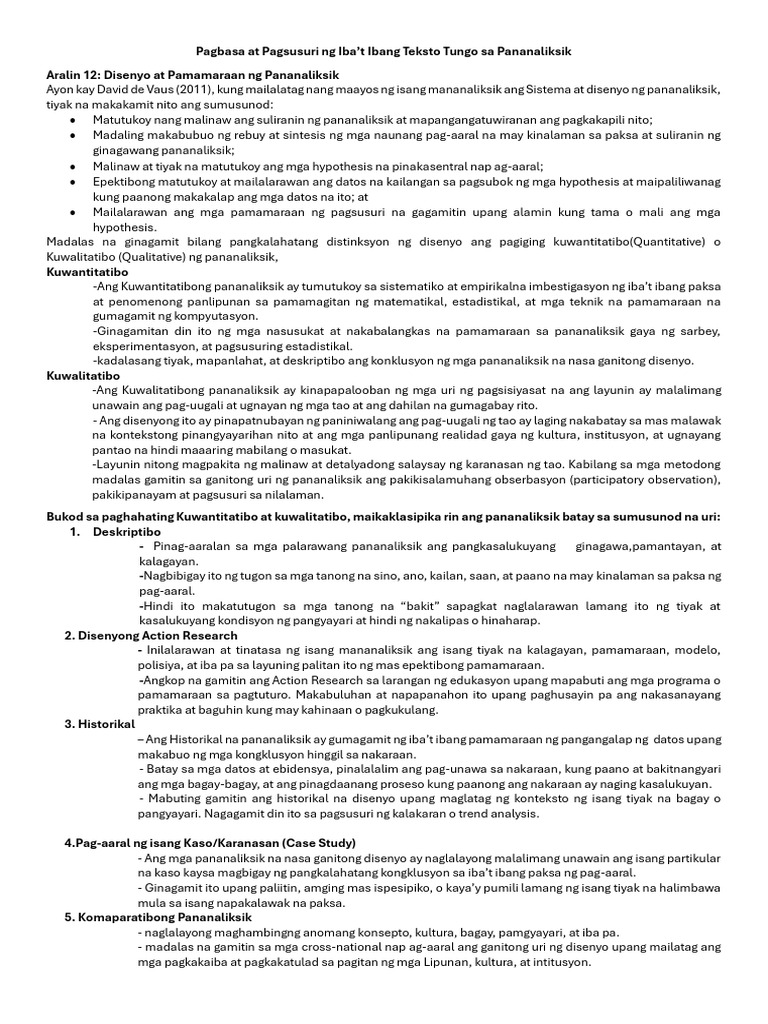 Disenyo at Pamamaraan NG Pananaliksik - Aralin 12 | PDF
