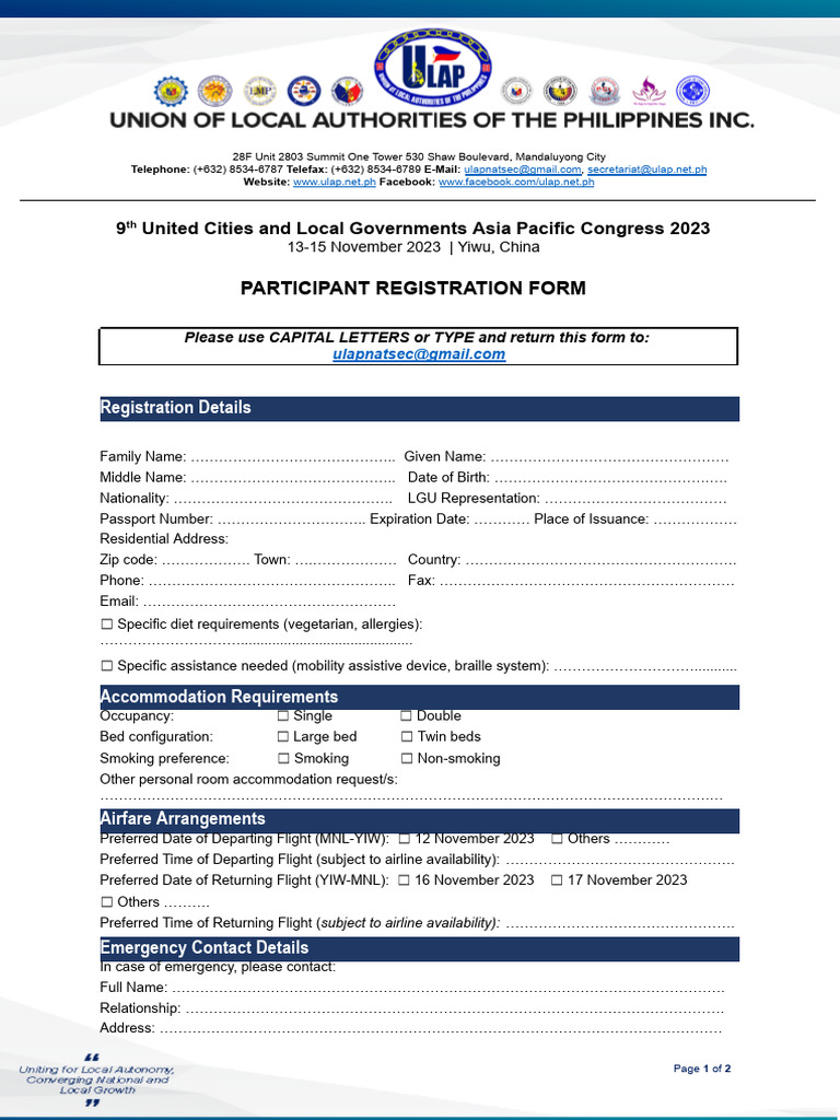 ULAP Registration Form - 9th UCLG ASPAC Congres | PDF | Fax | Banks