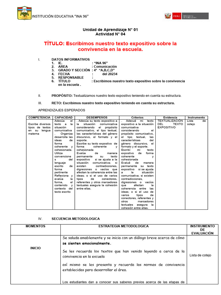 Escribimos Nuestro Texto Expositivo Sobre La Convivencia en La Escuela TEXTUALIZACIÓN | PDF ...