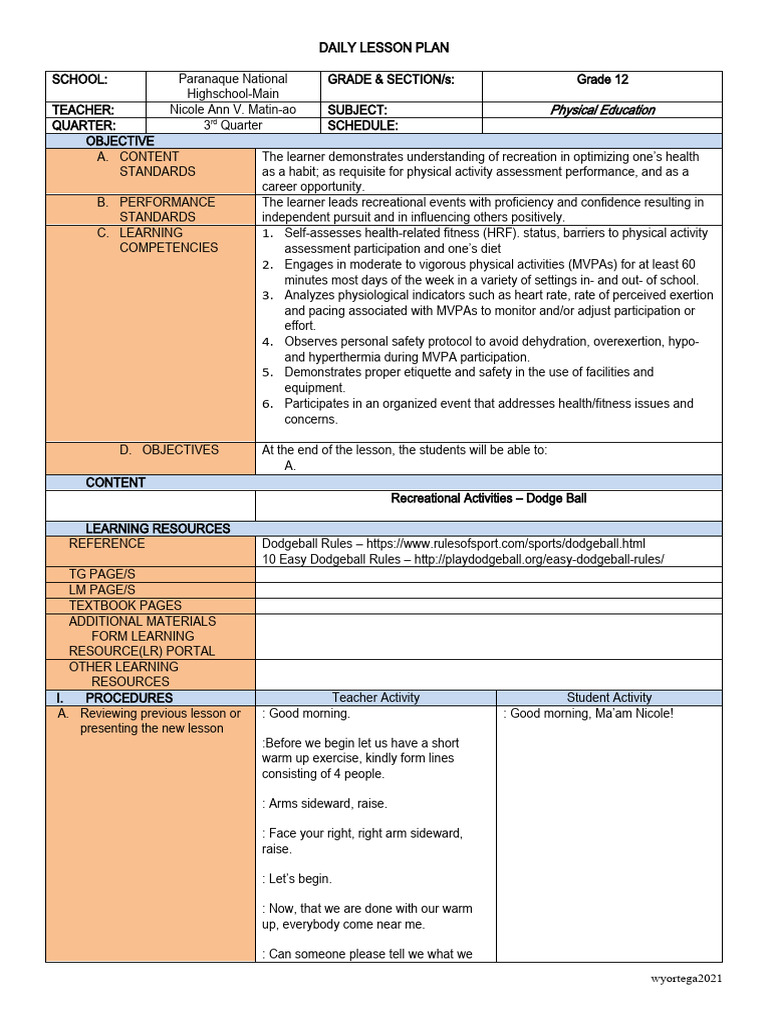 DLP Week6 Dodgeball-Detailed | PDF | Learning | Teachers