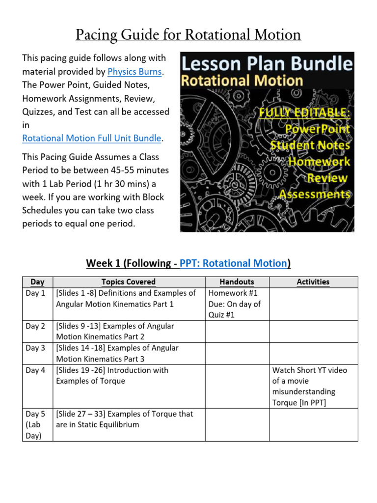 Pacing Guide (Rotational Motion) | PDF | Torque | Physical Quantities