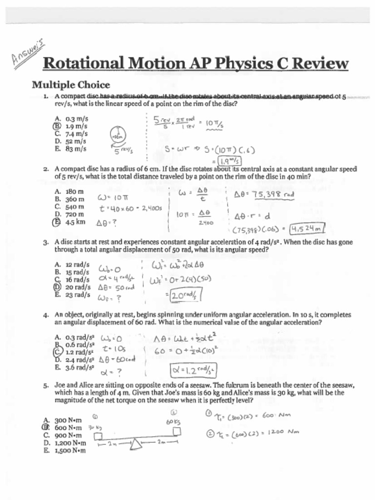 Rotational Motion Test Review Solutions | PDF