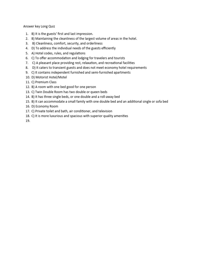 Hotel Management Quiz Key | PDF | Business