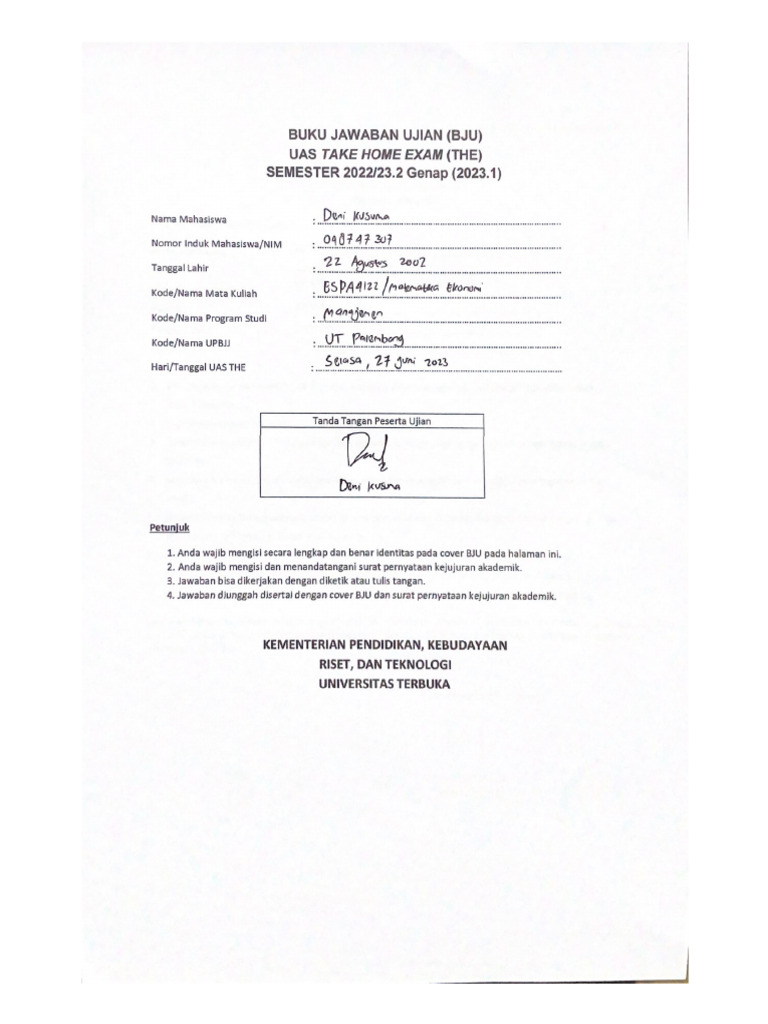 Buku Jawaban Ujian (Bju) | PDF