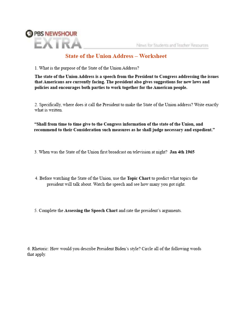 State of the Union Address Worksheet | PDF | Joe Biden | State Of The Union