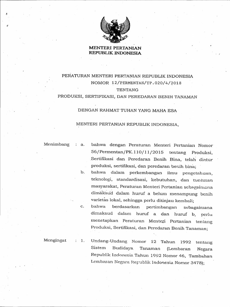 Permentan No. 12 Tahun 2018 Tentang Produksi, Sertifikasi Dan Peredaran ...