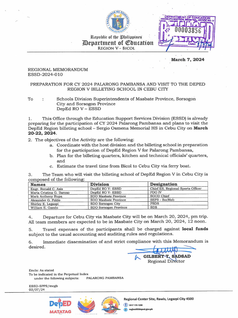 Regional Memo ESSD-2024-010 - Preparation For CY 2024 Palarong Pambansa and Visit To The DepEd ...