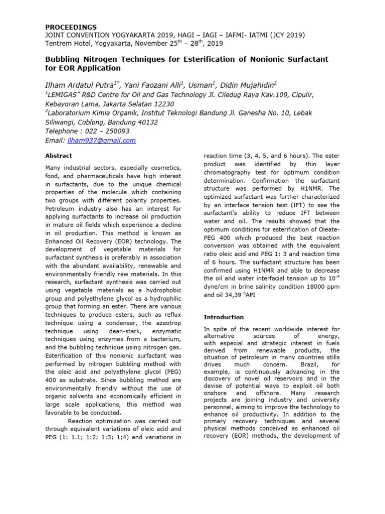 JCY19-0953 Bubbling Nitrogen Techniques For Esterification of Nonionic Surfactant For EOR ...