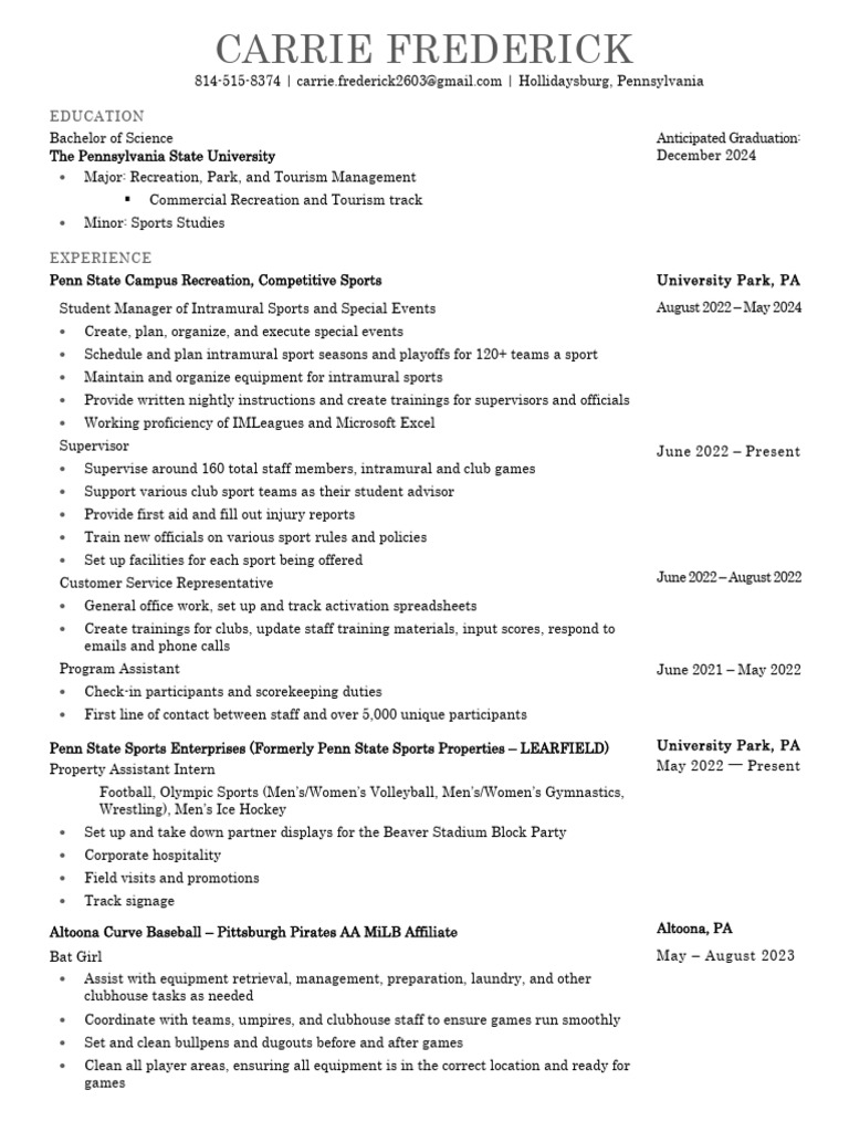 Carrie Frederick - Resume | PDF | Pennsylvania State University | Sports