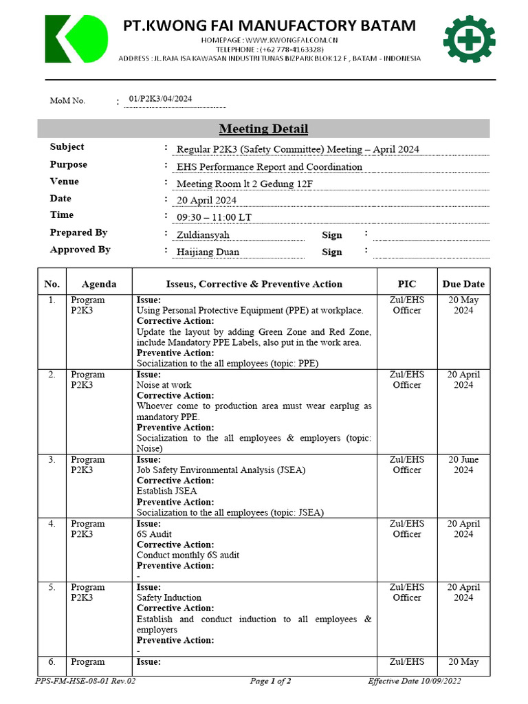 2024 04 MoM P2K3 | PDF | Personal Protective Equipment | Safety