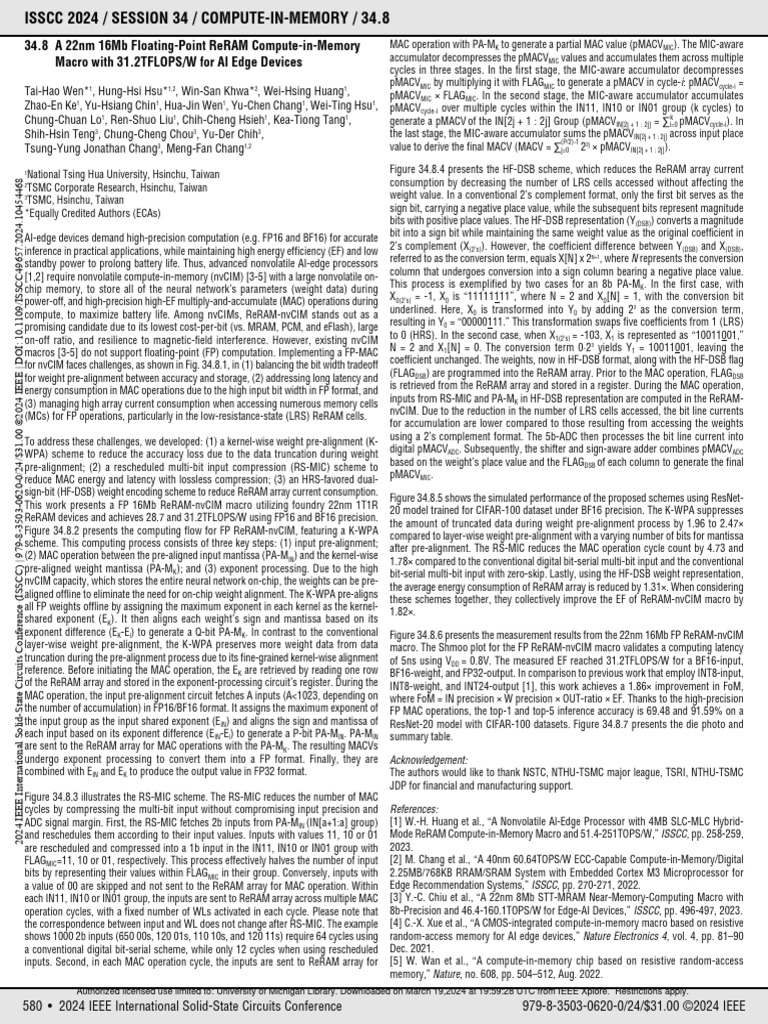34.8 A 22nm 16Mb Floating-Point ReRAM Compute-in-Memory Macro With 31.2TFLOPS W For AI Edge ...