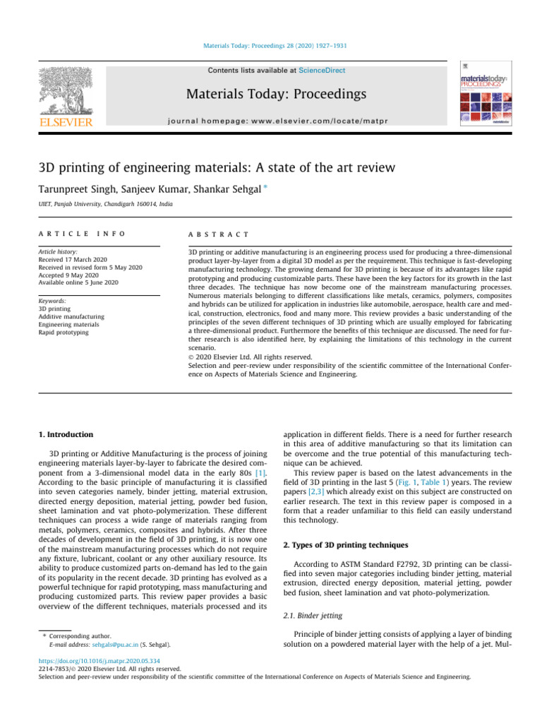 3D Printing of Engineering Materials - A State of The Art Review | PDF ...