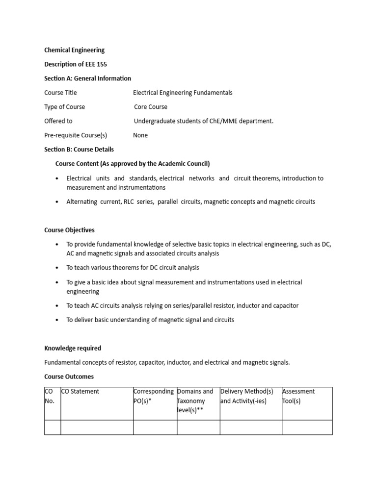 Course Outline EEE 155 | PDF | Electrical Network | Network Analysis (Electrical Circuits)
